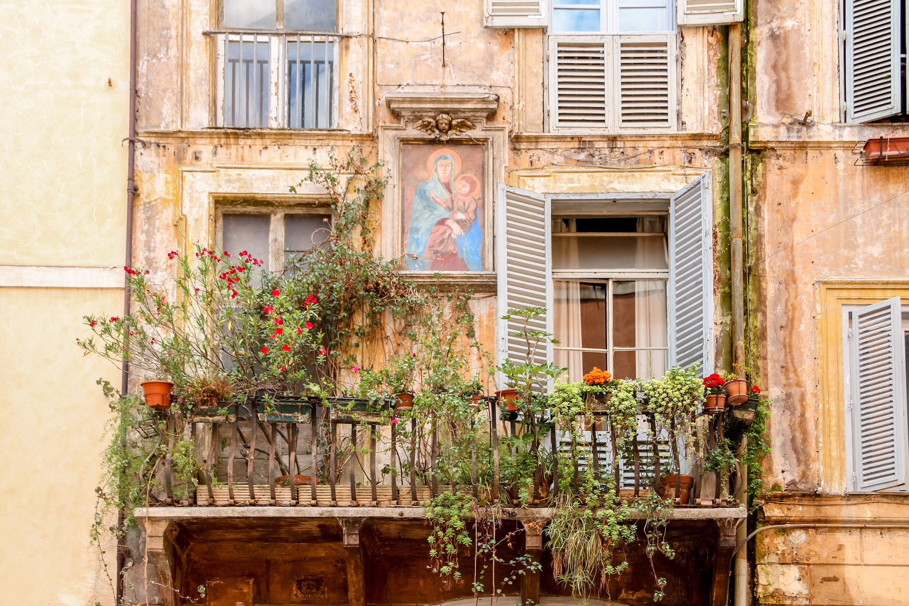 Rome, Italy Shuttered Windows, Virgin Mary With Jesus in Rome, Fine Art ...