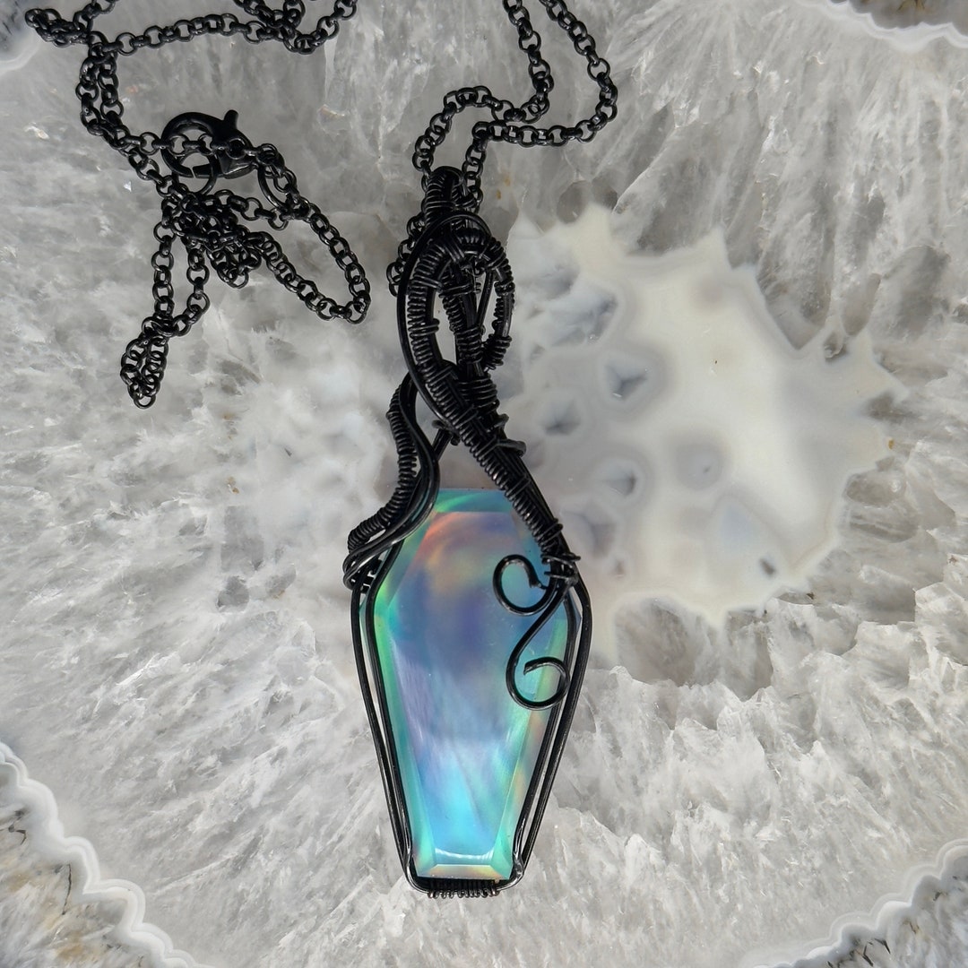 Aurora Opal Coffin, Wire Wrapped Pendant, Necklace, Halloween, Goth ...