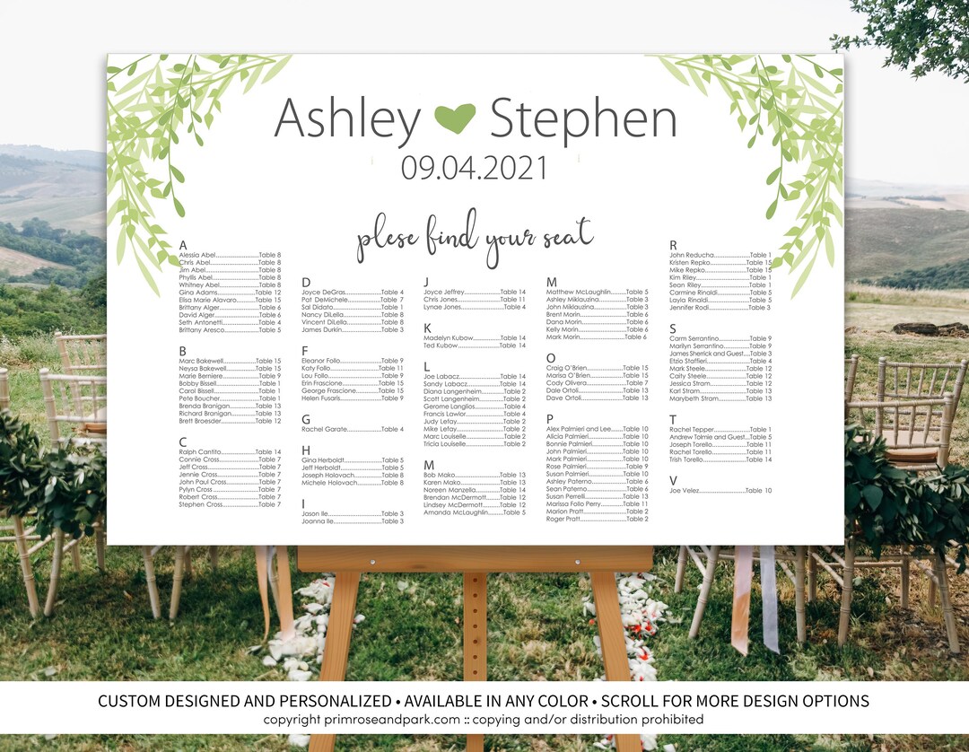 Elegant Greenery Seating Chart Poster • Seating Chart Sign • Seating ...