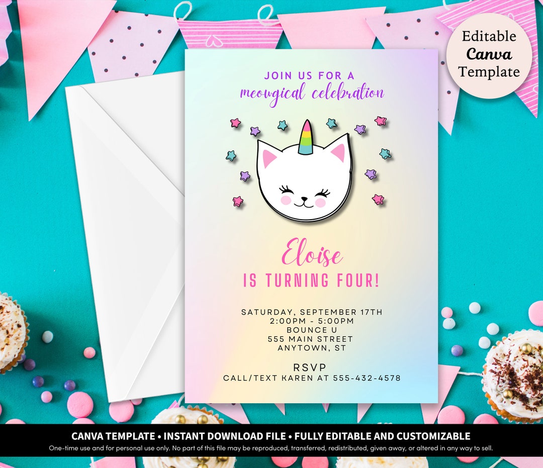 Caticorn Invitation Digital Template Download | Unicorn Cat Birthday ...