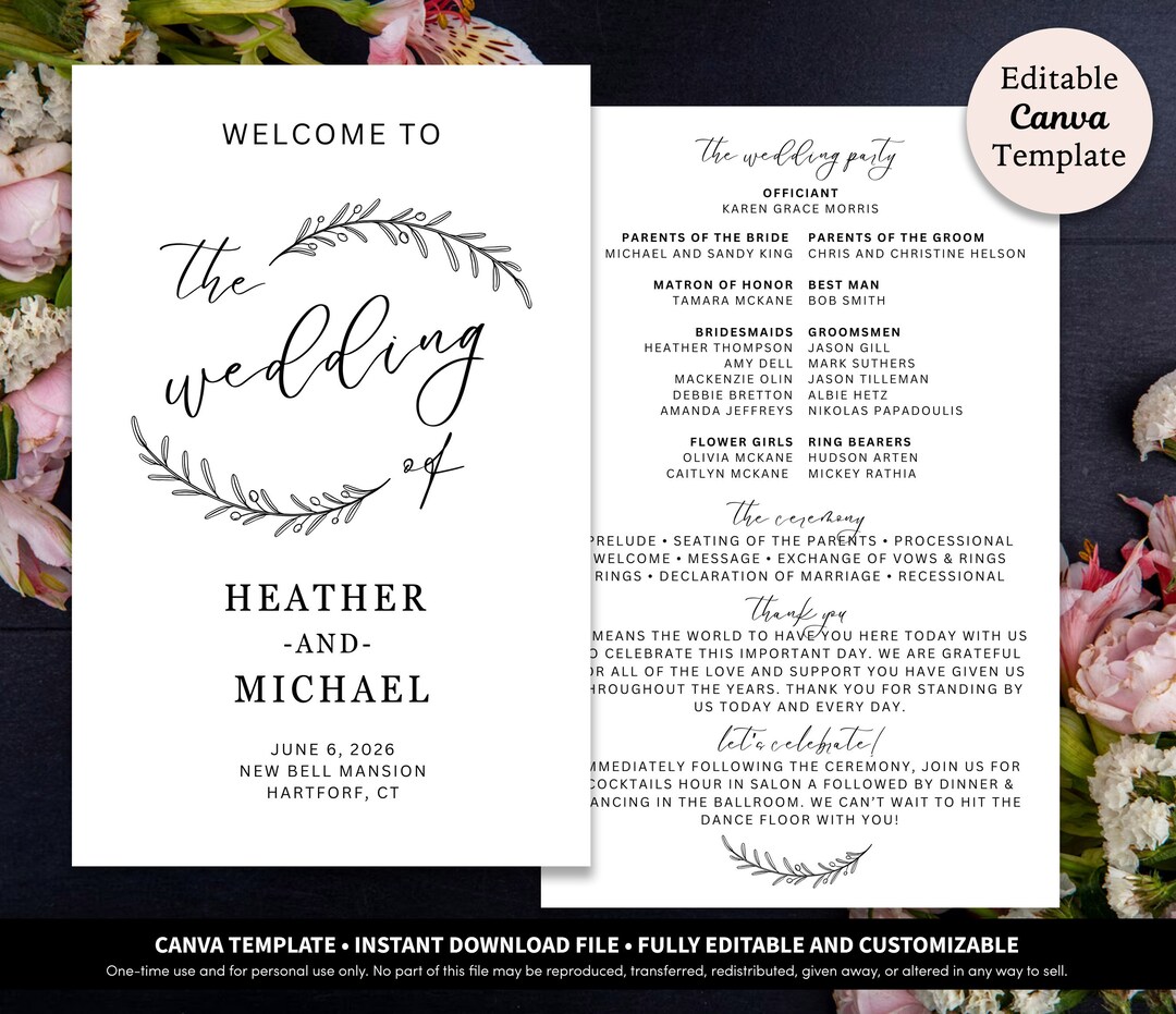 Rustic Wedding Program Printable Download | Botanical Ceremony Program | Wedding Program ...
