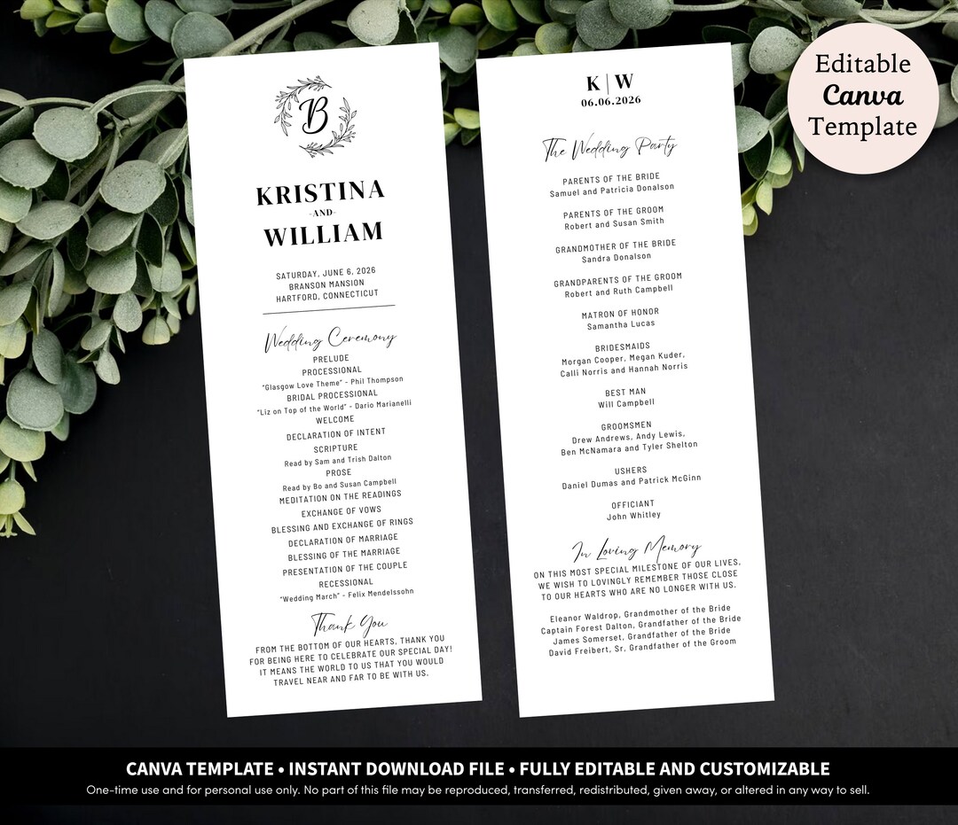 Monogram Rustic Wedding Program Printable Download Template | Monogram ...