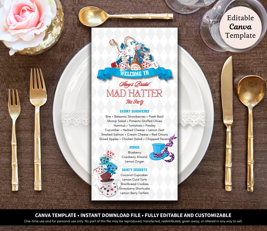 Mad Hatter Tea Party Menu Template: Wonderland Bridal Shower (printable ...