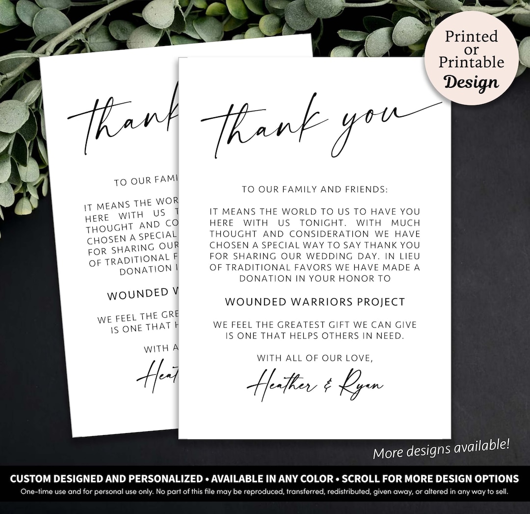Wedding Donation Favor Cards: Customizable Charity Gift (printed or ...