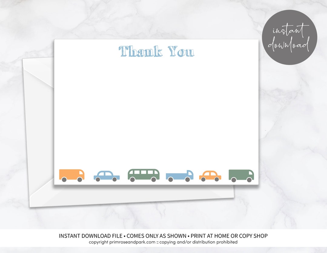 Cars and Trucks Thank You Cards Instant Download • Stationery • Note ...