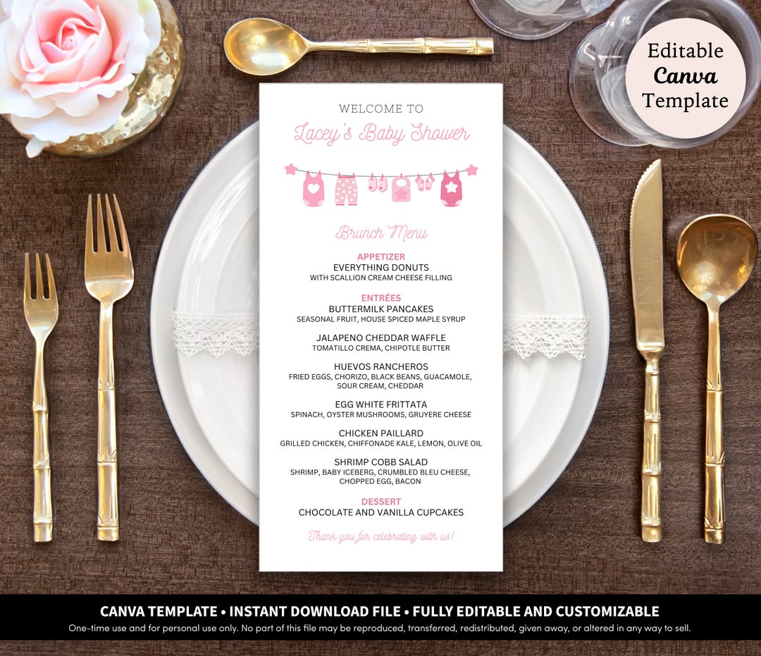 Baby Shower Girl Menu Cards Printable Download Template | Baby Girl ...