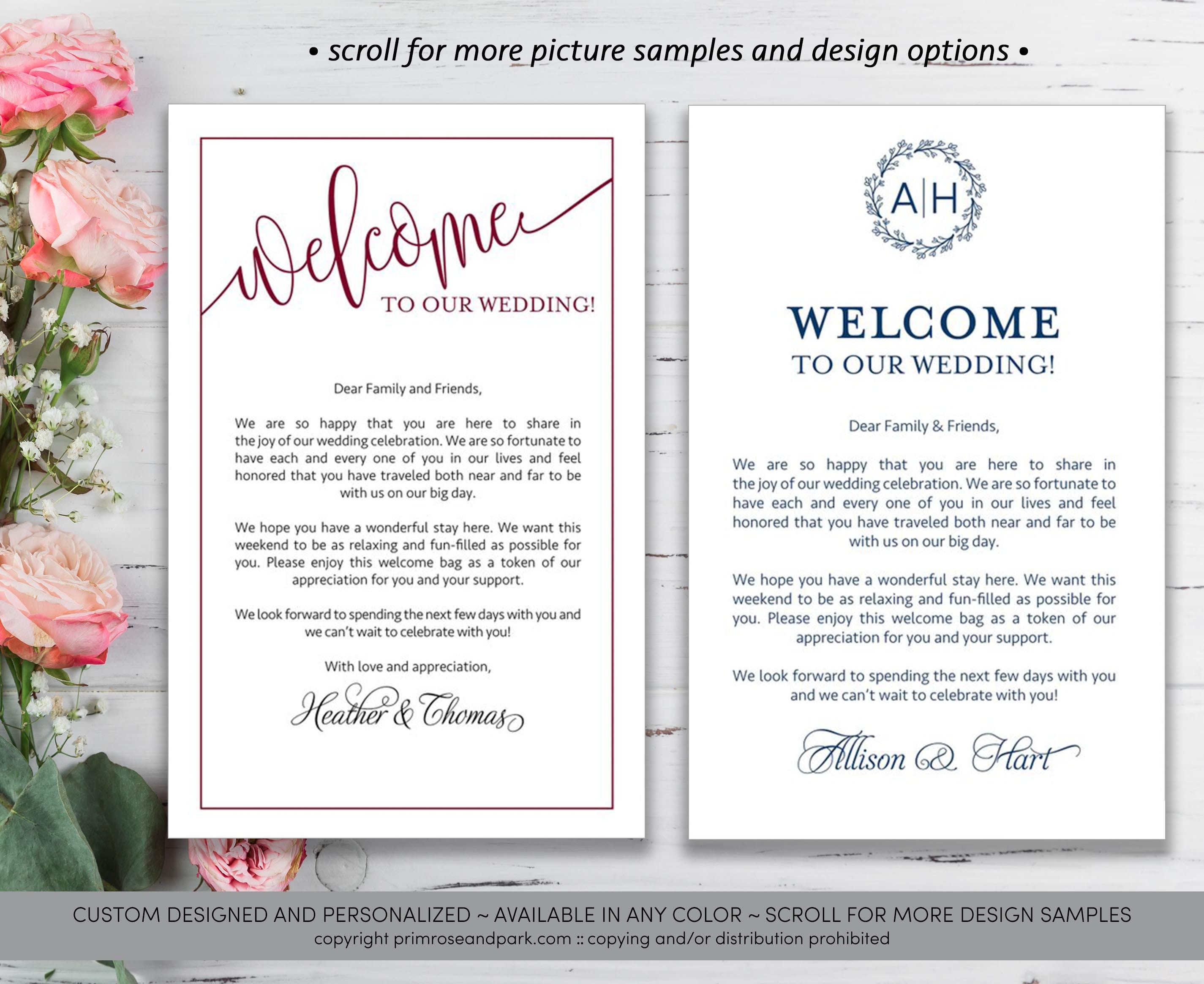 Wedding Welcome Bag Note Wedding Welcome Letters Wedding | Etsy