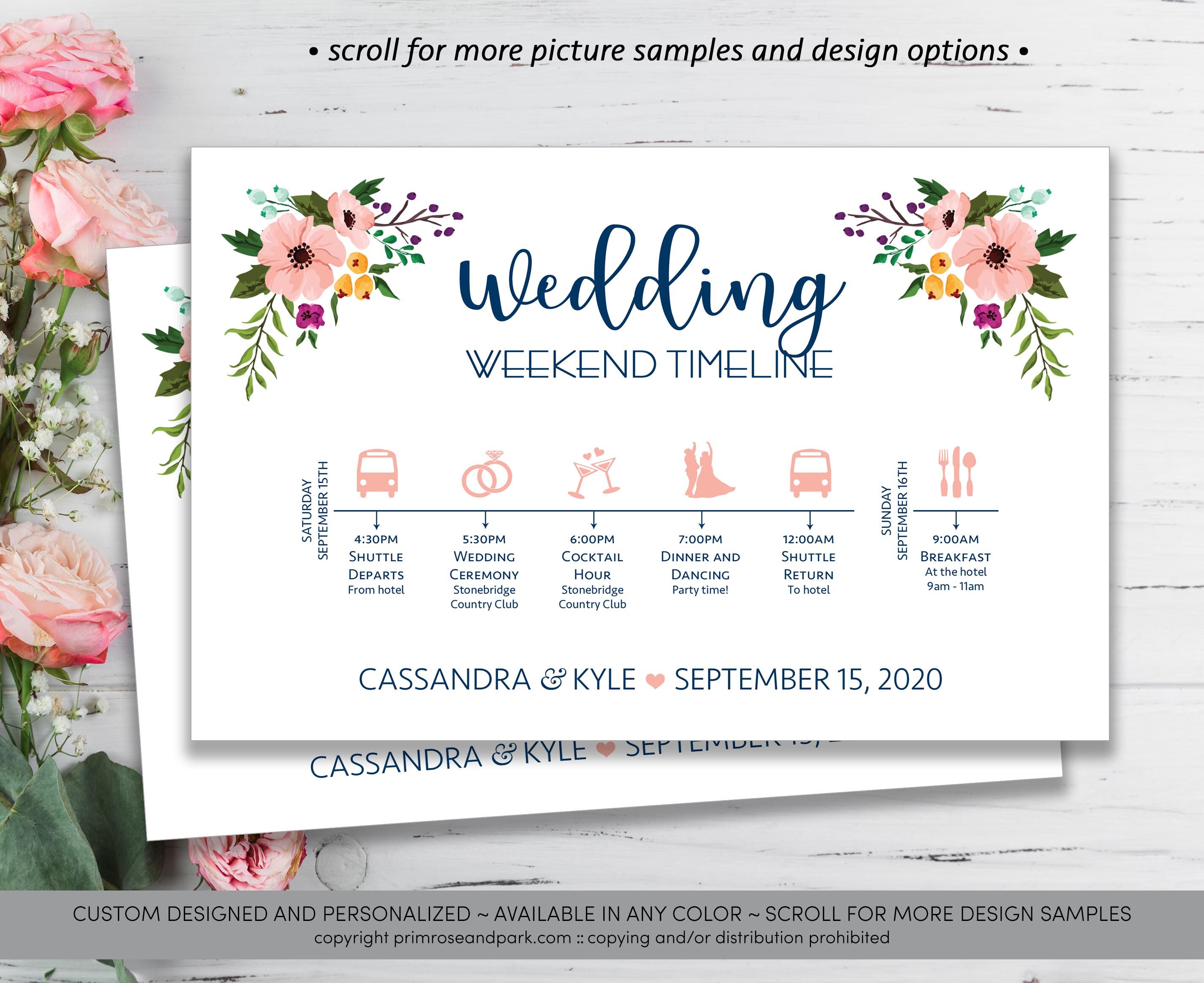 Wedding Timeline and Info Card With Greenery Floral Wedding | Etsy