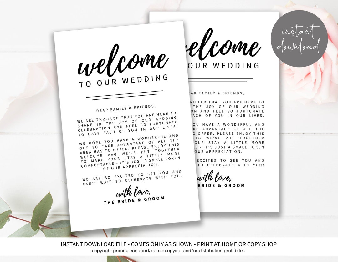 Wedding Welcome Letter • Instant Download • Welcome Note • Hotel ...
