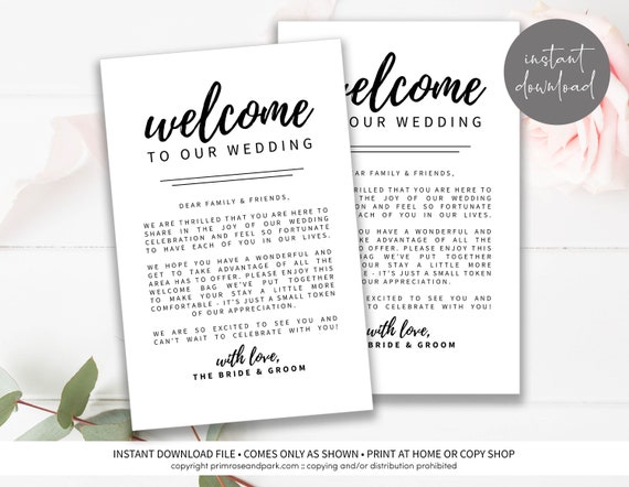 Wedding Welcome Letter Instant Download Welcome Note | Etsy