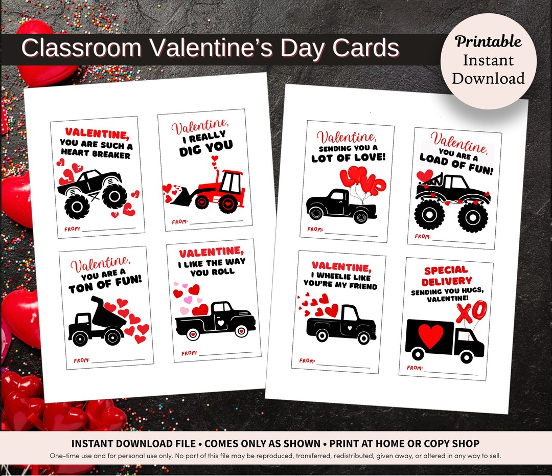 Valentine's Day Cards for Classroom • Monster Truck Valentine's Day ...