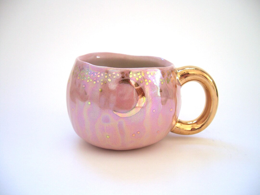 Starry Gold Moon Mug in Pink With Opalescent Glaze- Holds 9 Ounces - Etsy