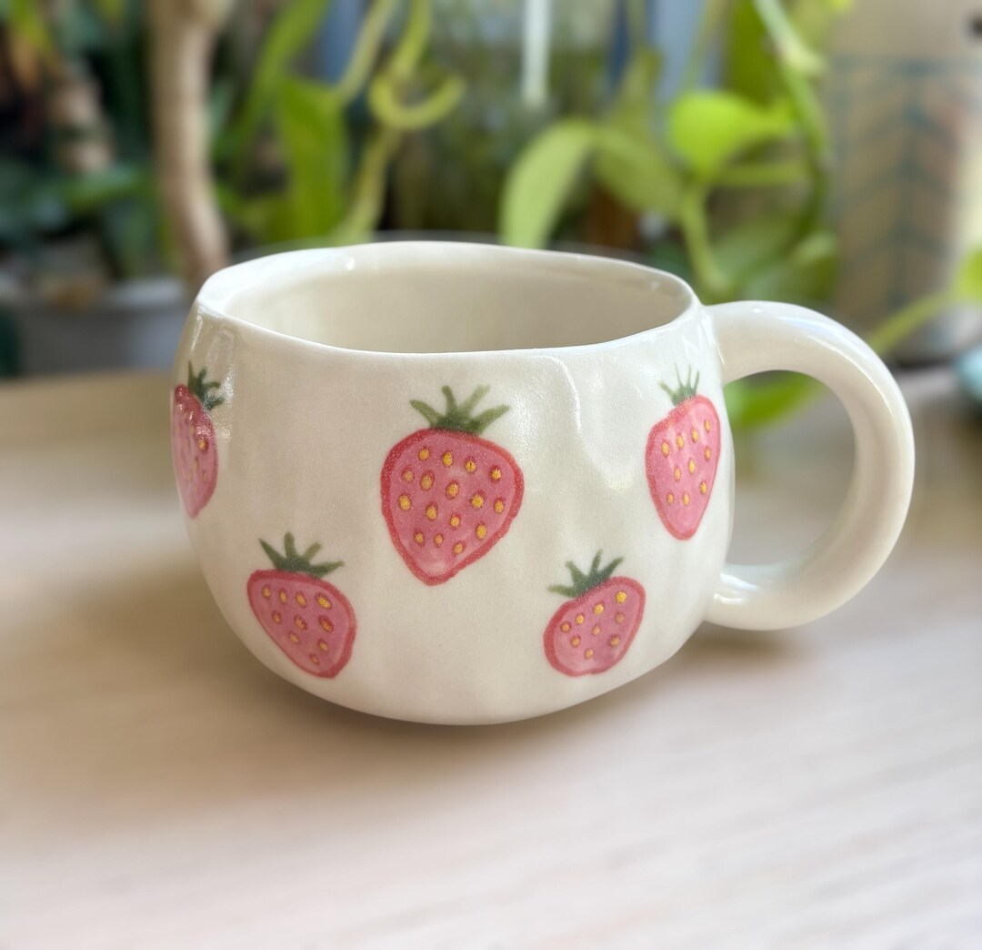 Hand Painted Pink Strawberries Mug- Holds 14 Ounces - Etsy