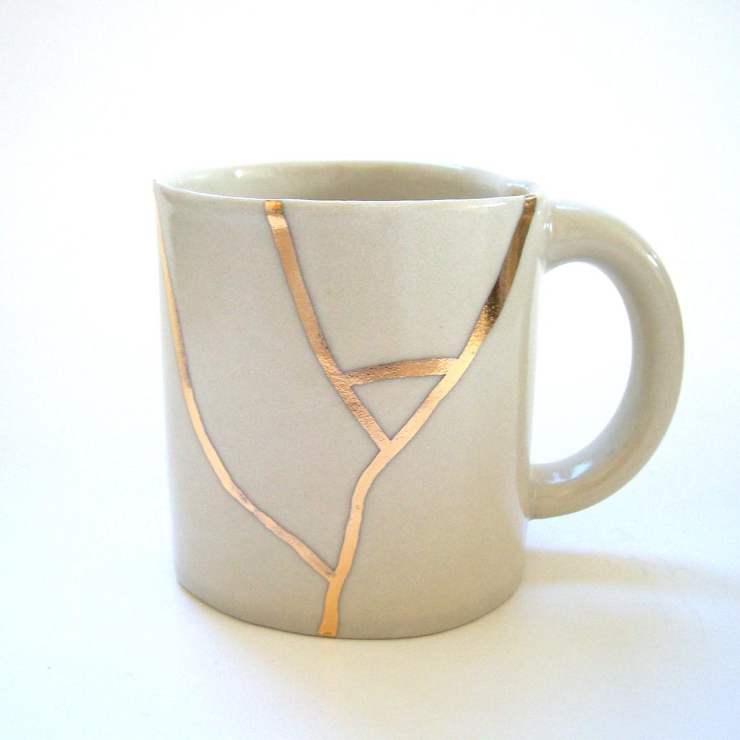 Kintsugi Inspired Slab Built Mug in Creamy White- Holds 12 Ounces - Etsy