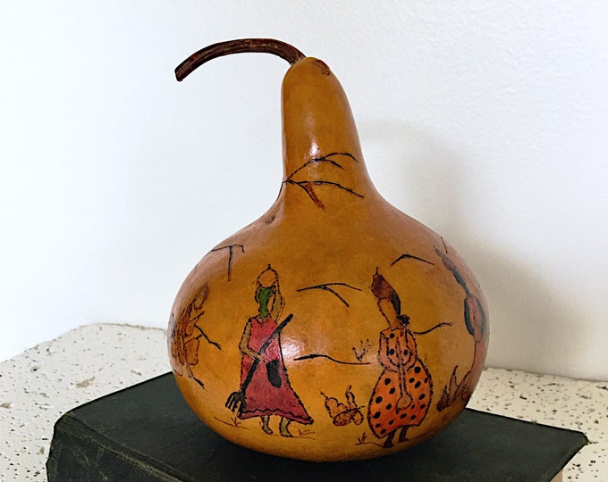 Vintage African Calabash Painted Gourd, Folk Art Gourd, Market Day ...