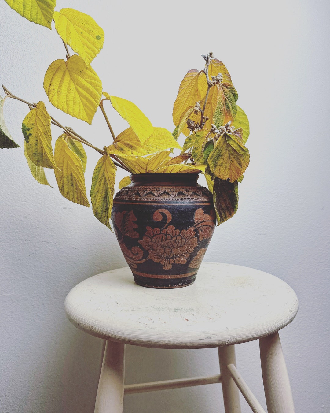 Vintage Redware Pottery Vase, Stenciled Floral Design, Mission Style ...