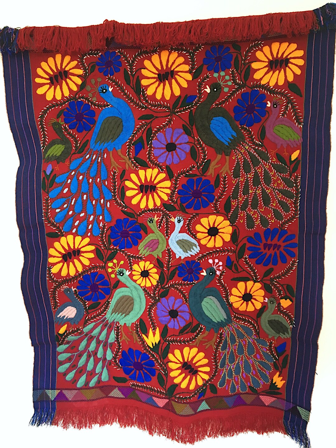 Vintage Embroidered Chiapas Mexican Folk Art Tapestry, Bed Runner, Wall ...