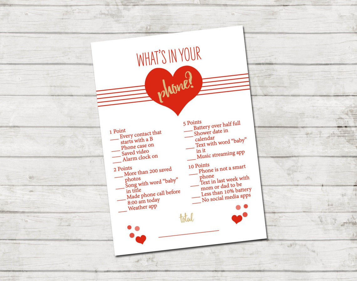 What's in Your Phone Game Valentines Baby Shower Heart - Etsy