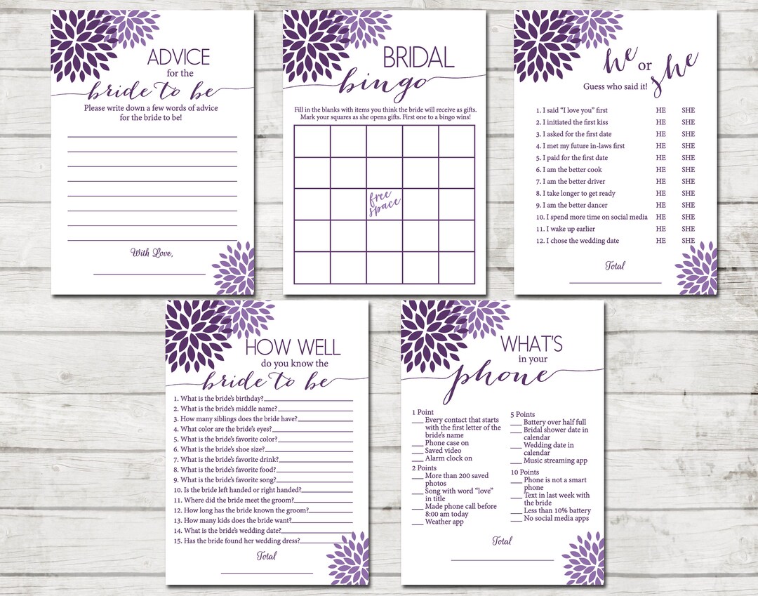 Bridal Shower Games Purple Flowers Advice for Bride - Etsy