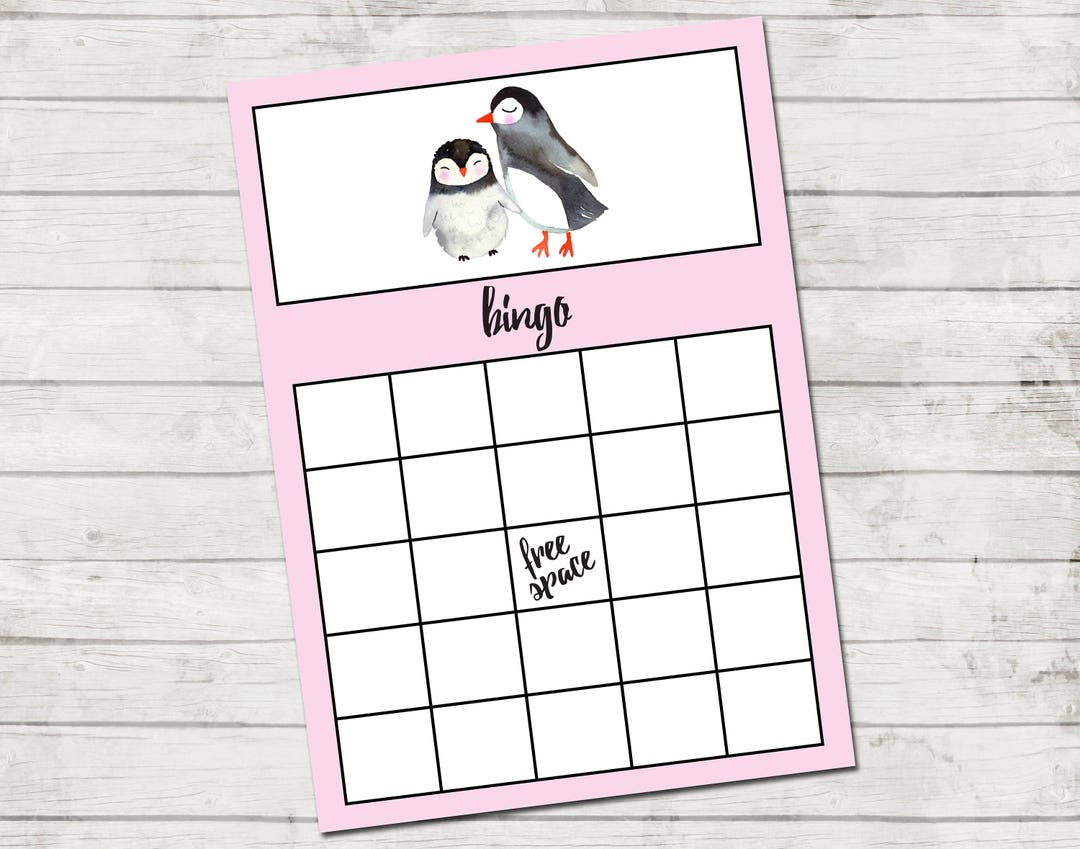 Baby Shower Bingo Winter Baby Shower Penguin Baby Shower Penguins Pink ...