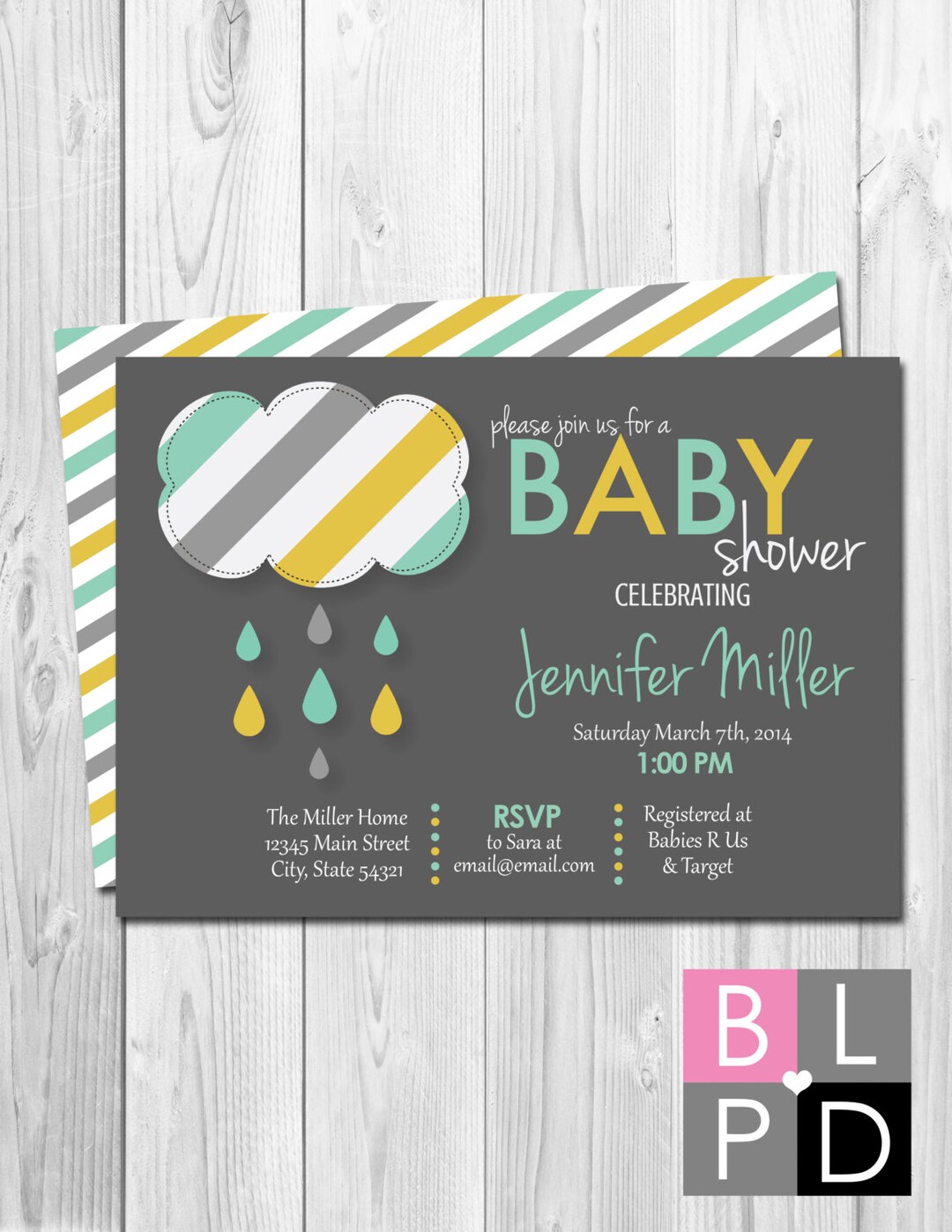 Rainy Baby Shower Invitation Cloud and Rain Drops Stripes BACKSIDE ...