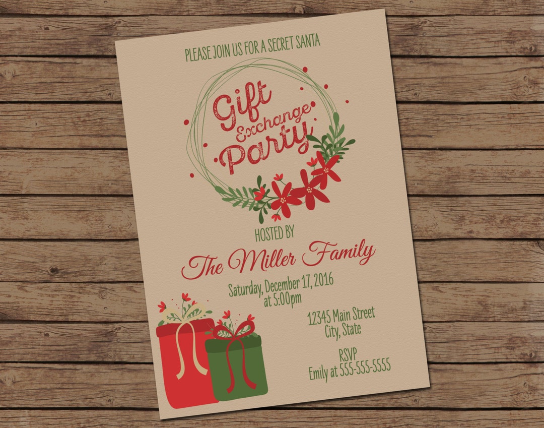 Gift Exchange Holiday Party Invitation Secret Santa Christmas Party ...