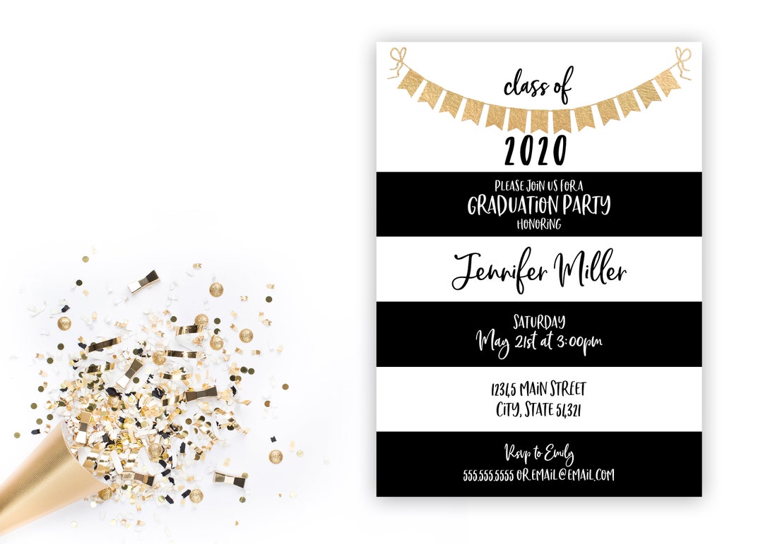 Graduation Party Invitation Class of 2020 Gold Banner Black and White ...