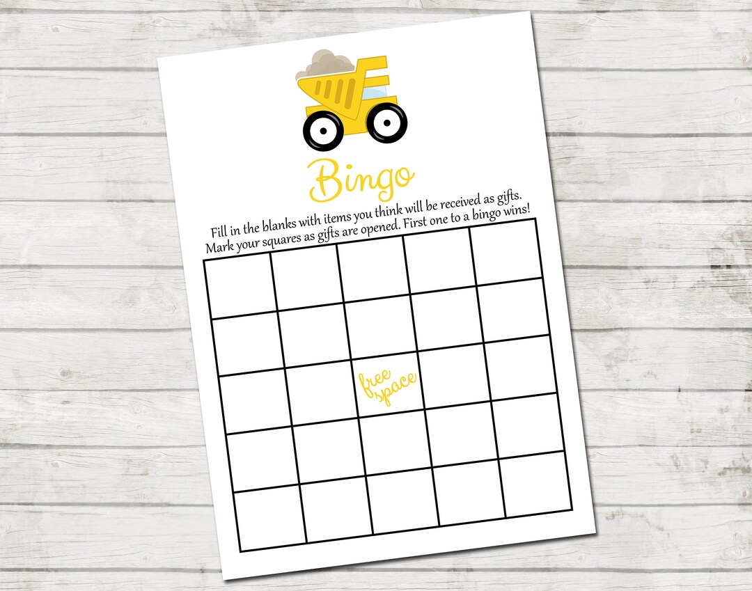 Bingo Card Construction Baby Shower Baby Shower Game Dump Truck Yellow ...