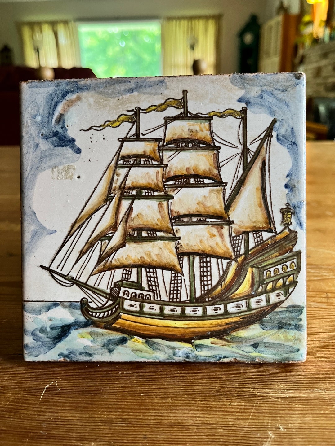 Rare Antique Clay Tile Hand Painted Ship - Etsy