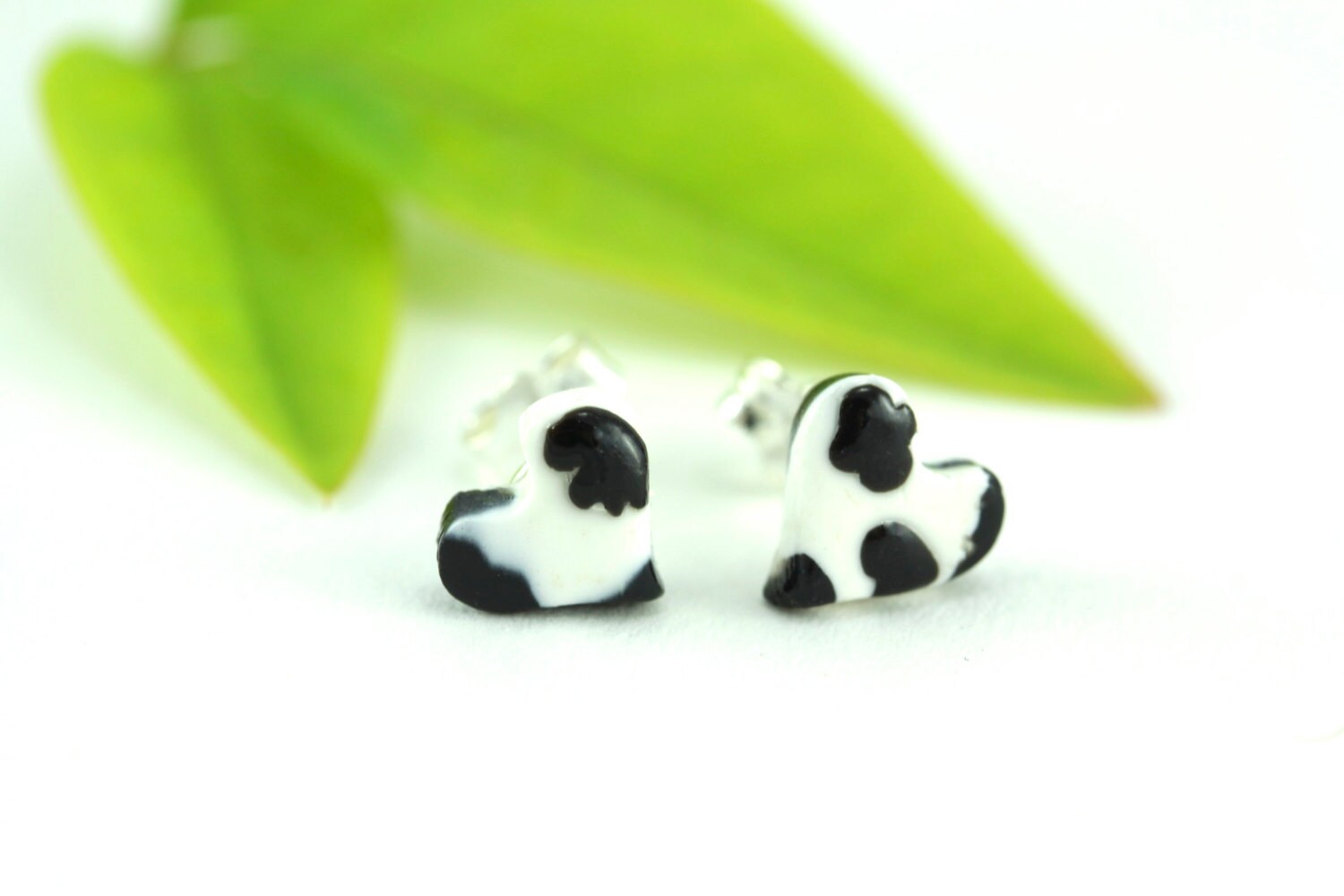 Tiny Cow Spots Heart Earrings, Stainless Steel Posts - Etsy