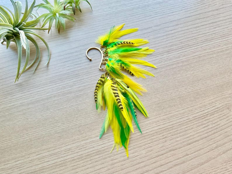 Feather Ear Cuff: Gold Tone Tropical Yellow and Green Neon Ear Wrap ...