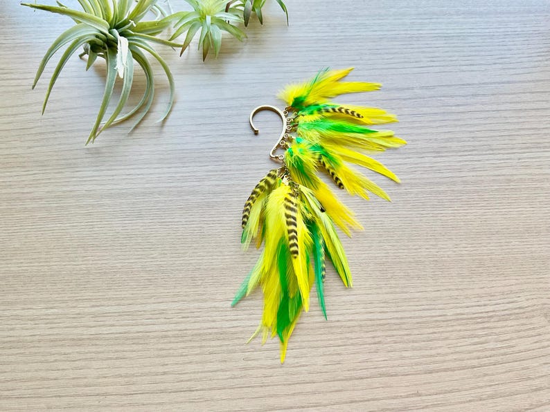 Feather Ear Cuff: Gold Tone Tropical Yellow and Green Neon Ear Wrap ...