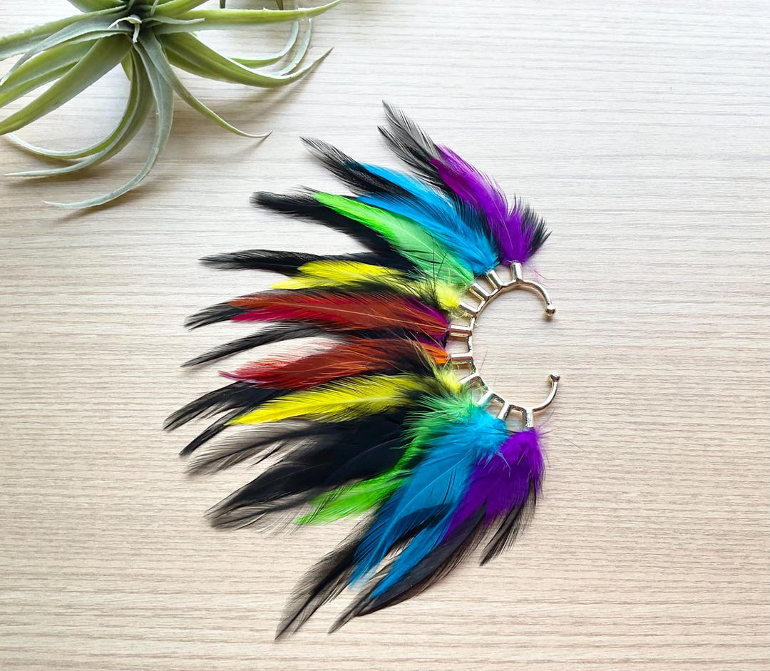 Rainbow and Black Feather Ear Cuff: Gold or Silver Tone Ear Wrap ...