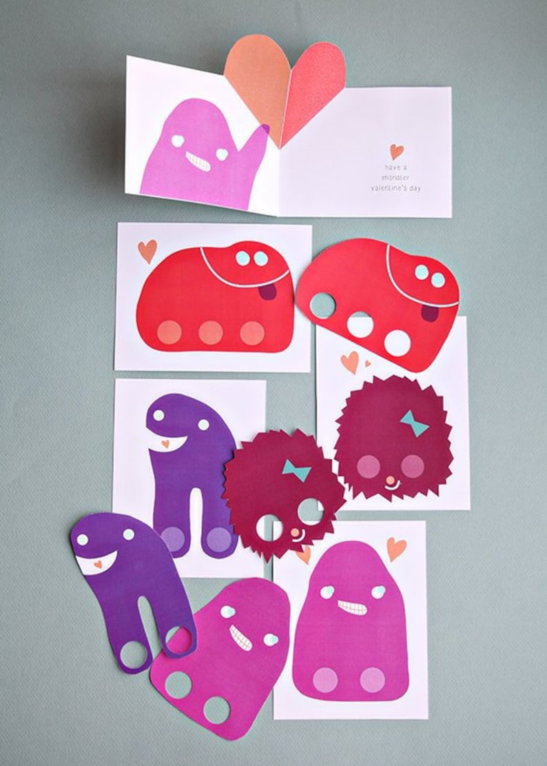 Valentines - Printable Monster Finger Puppets - Class Valentines Card ...
