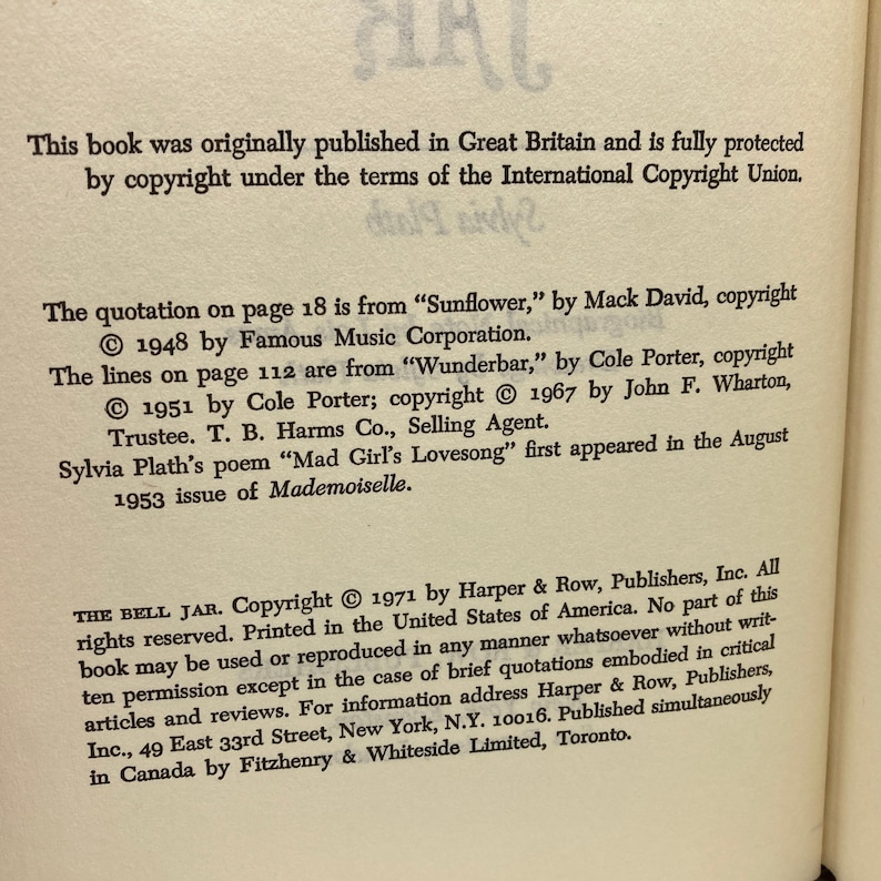 Plath, Sylvia "the Bell Jar" [harper & Row, 1971] - Etsy