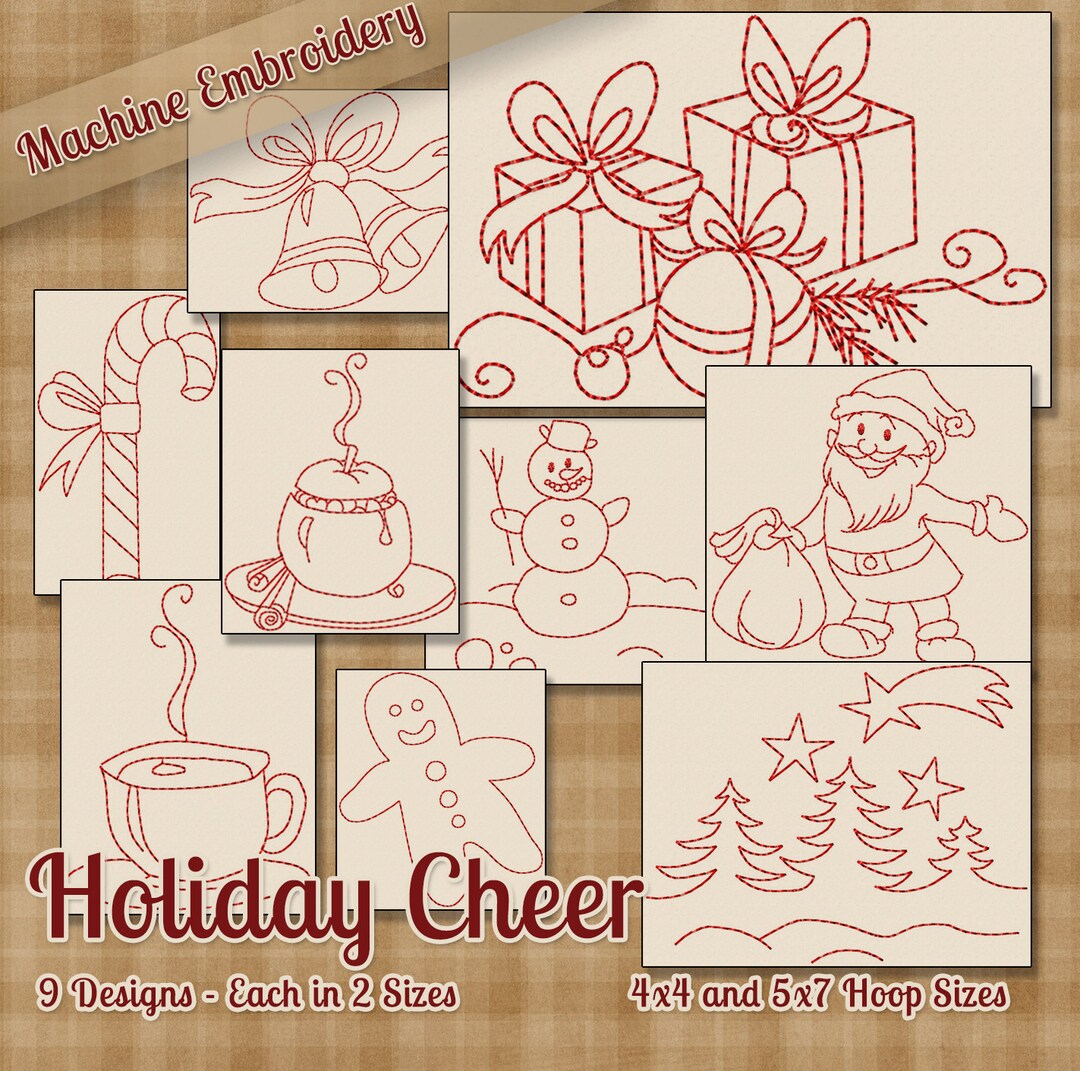Holiday Cheer Redwork Embroidery Machine Designs - 2 Sizes Each INSTANT ...