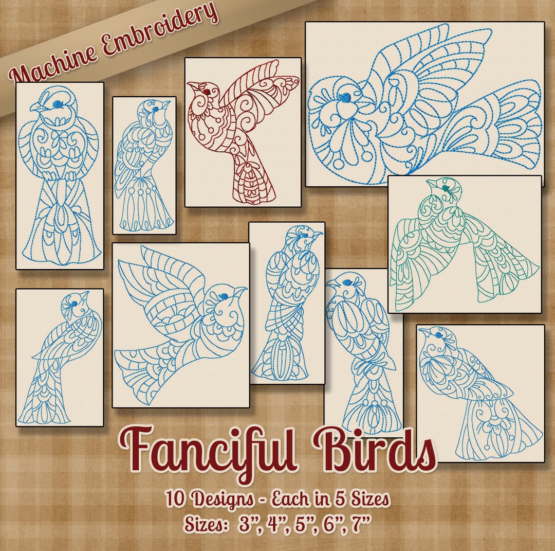 Fanciful Birds Machine Embroidery Patterns / Designs - 5 Sizes - 10 ...
