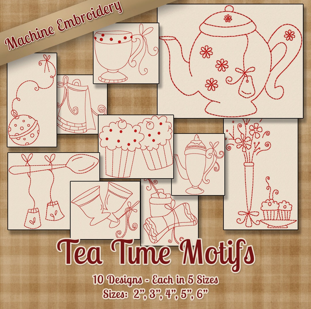 Tea Time Motifs Redwork Machine Embroidery Patterns 10 Designs 5 Sizes ...