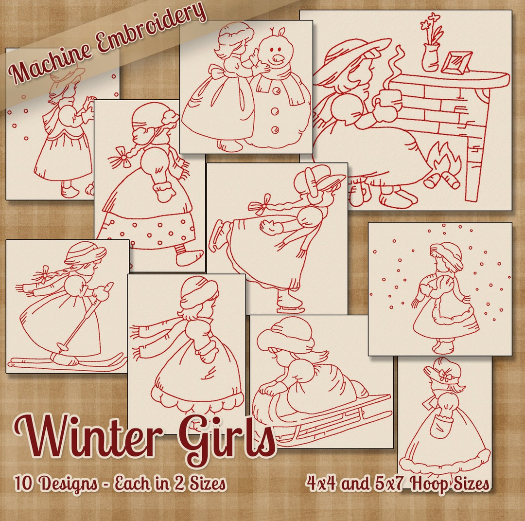 Redwork Winter Girls Machine Embroidery Patterns / Designs 4x4 and 5x7 ...