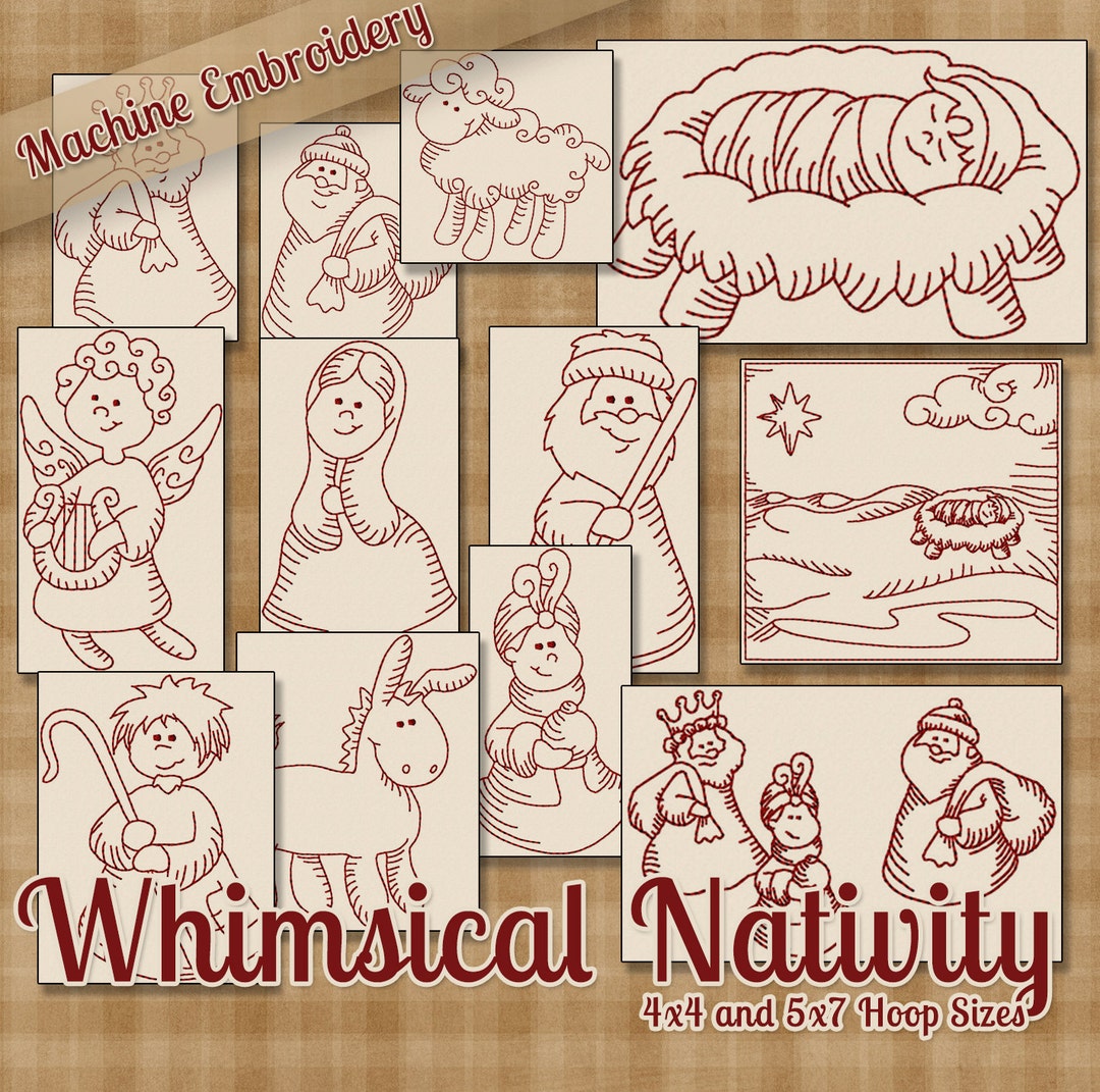 Whimsical Nativity Redwork Machine Embroidery Patterns / Designs - 4x4 ...