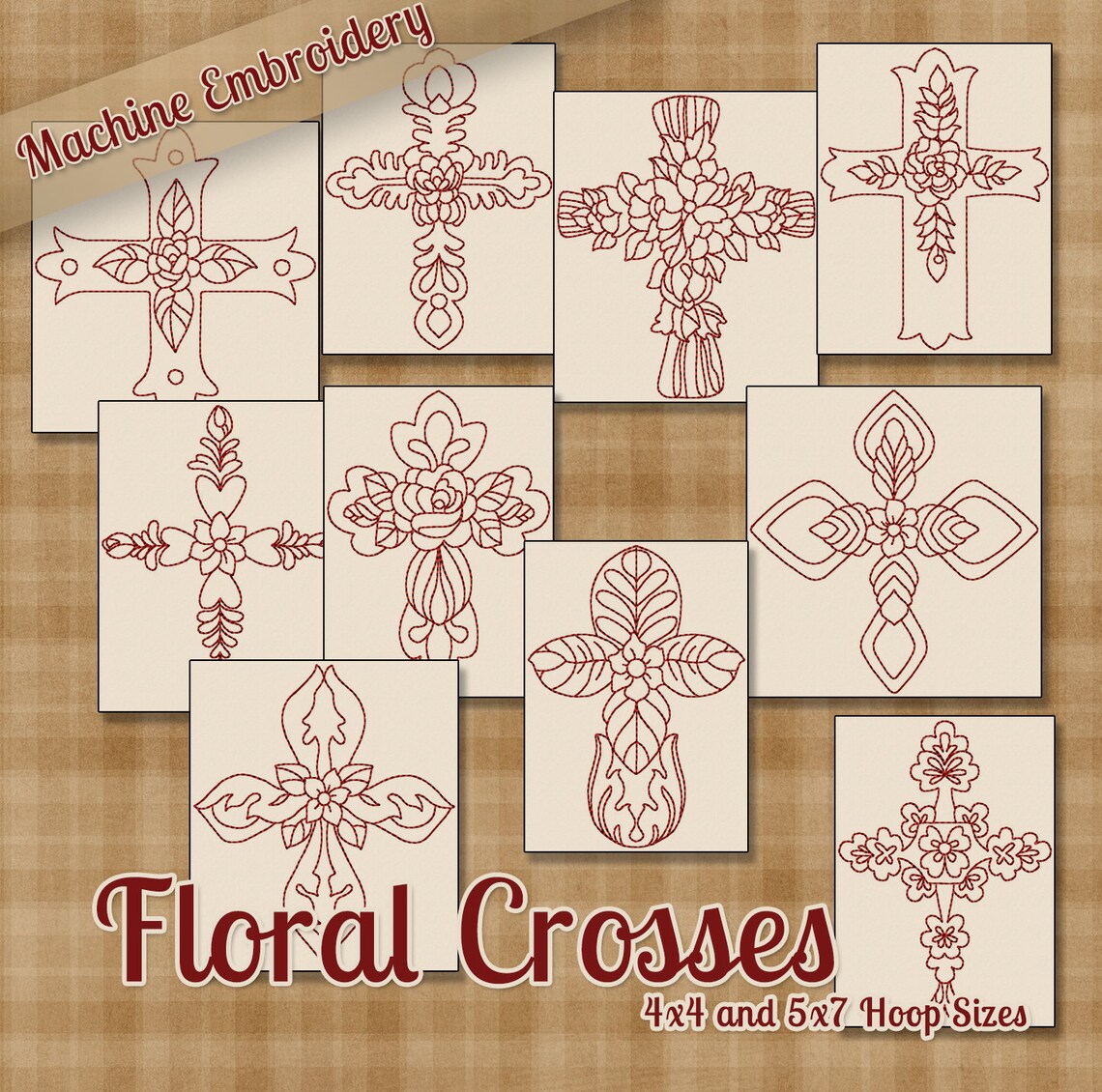 Redwork Floral Crosses Machine Embroidery Patterns / Designs - 4x4 and ...