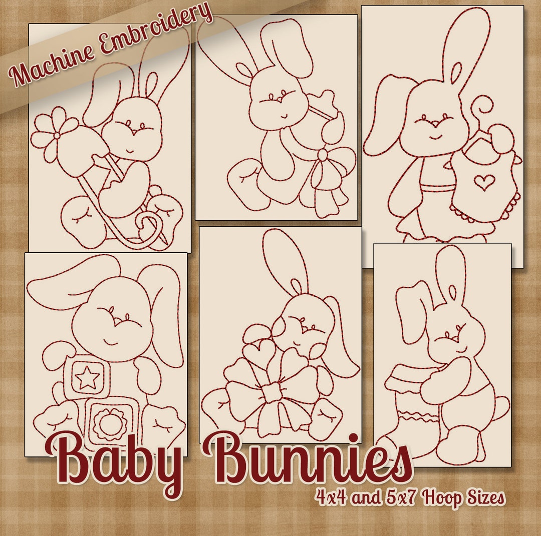 Baby Bunnies Redwork Machine Embroidery Patterns / Designs 4x4 and 5x7 ...