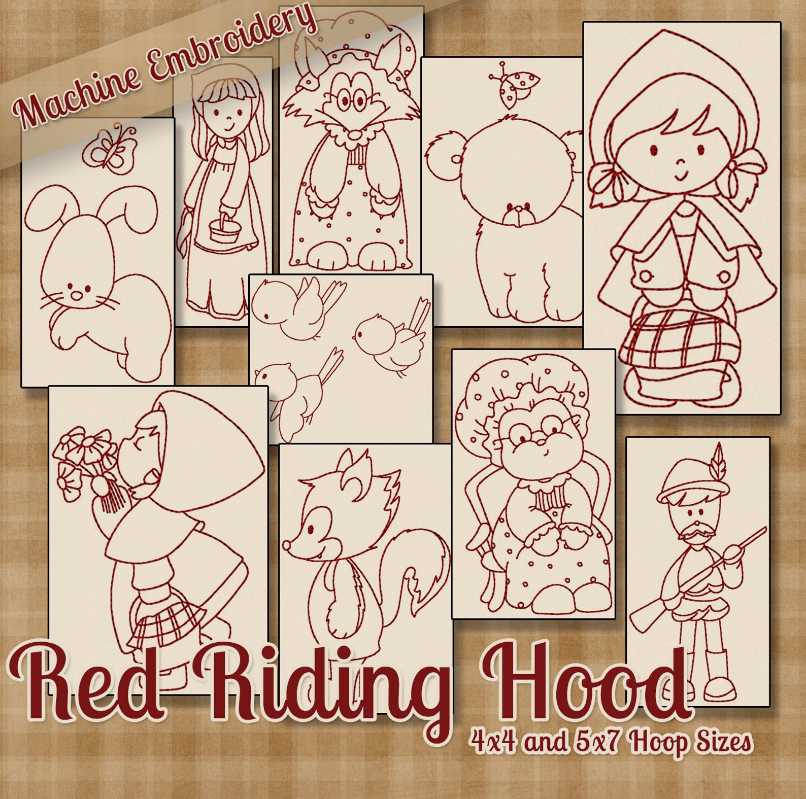 Redwork Red Riding Hood Machine Embroidery Patterns 4x4 and - Etsy Norway