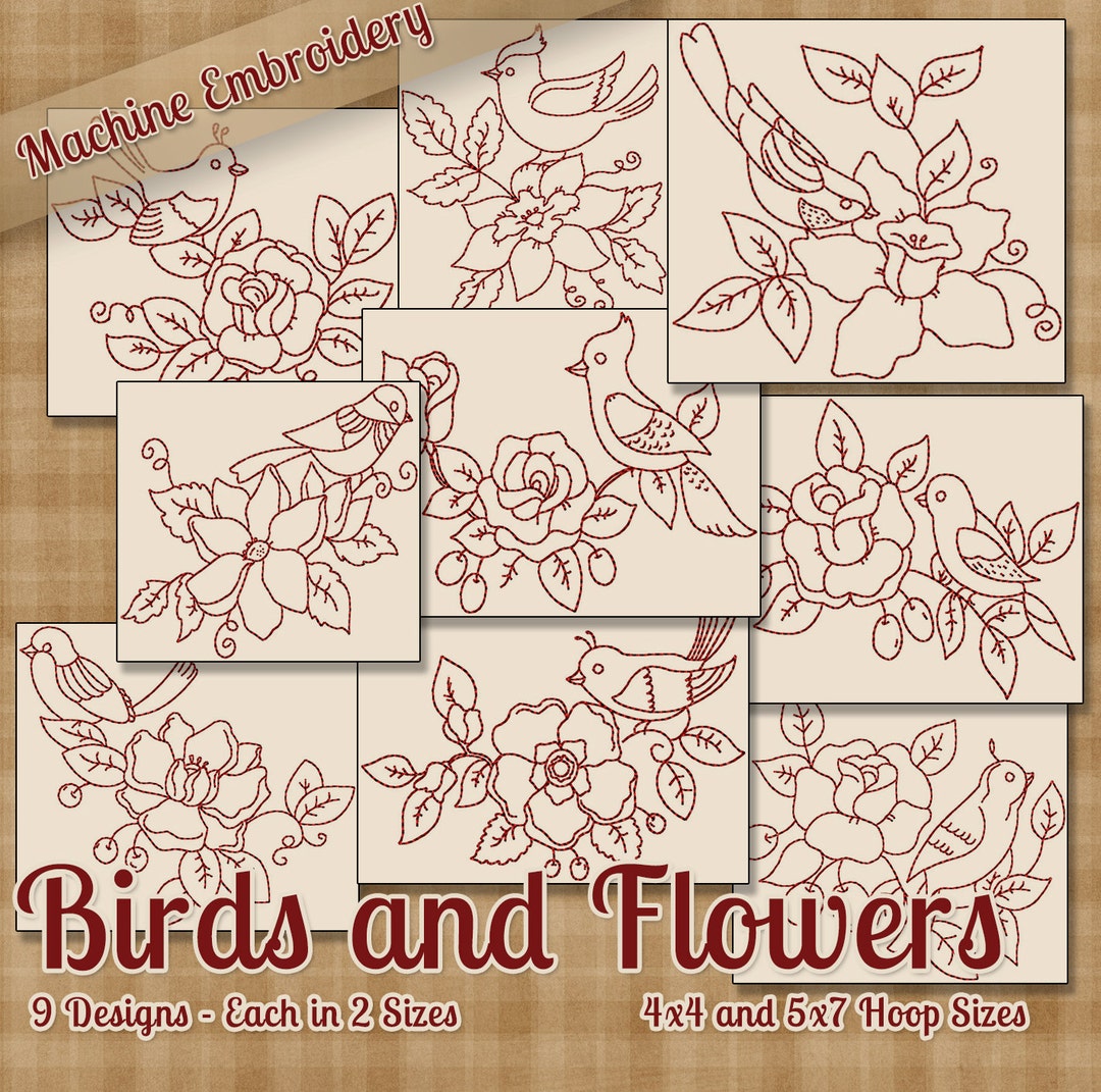 Birds and Flowers Redwork Machine Embroidery Patterns / Designs 4x4 and ...