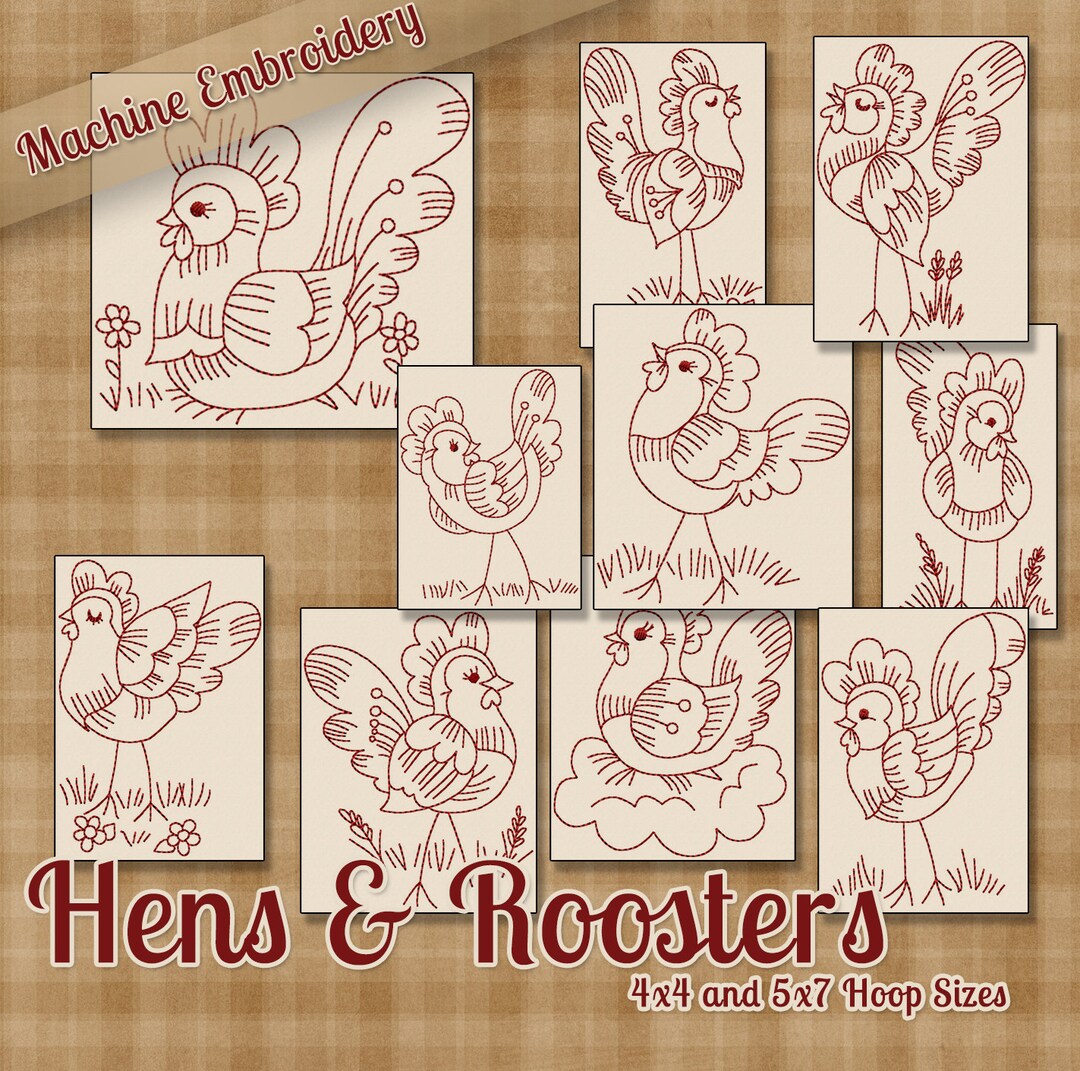 Redwork Hens and Roosters Machine Embroidery Patterns / Designs - 4x4 ...