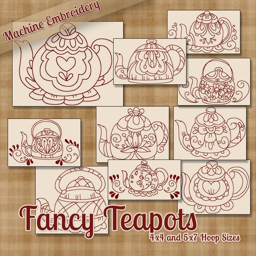 Kitchen Teapots Redwork Machine Embroidery Patterns / Designs - Etsy