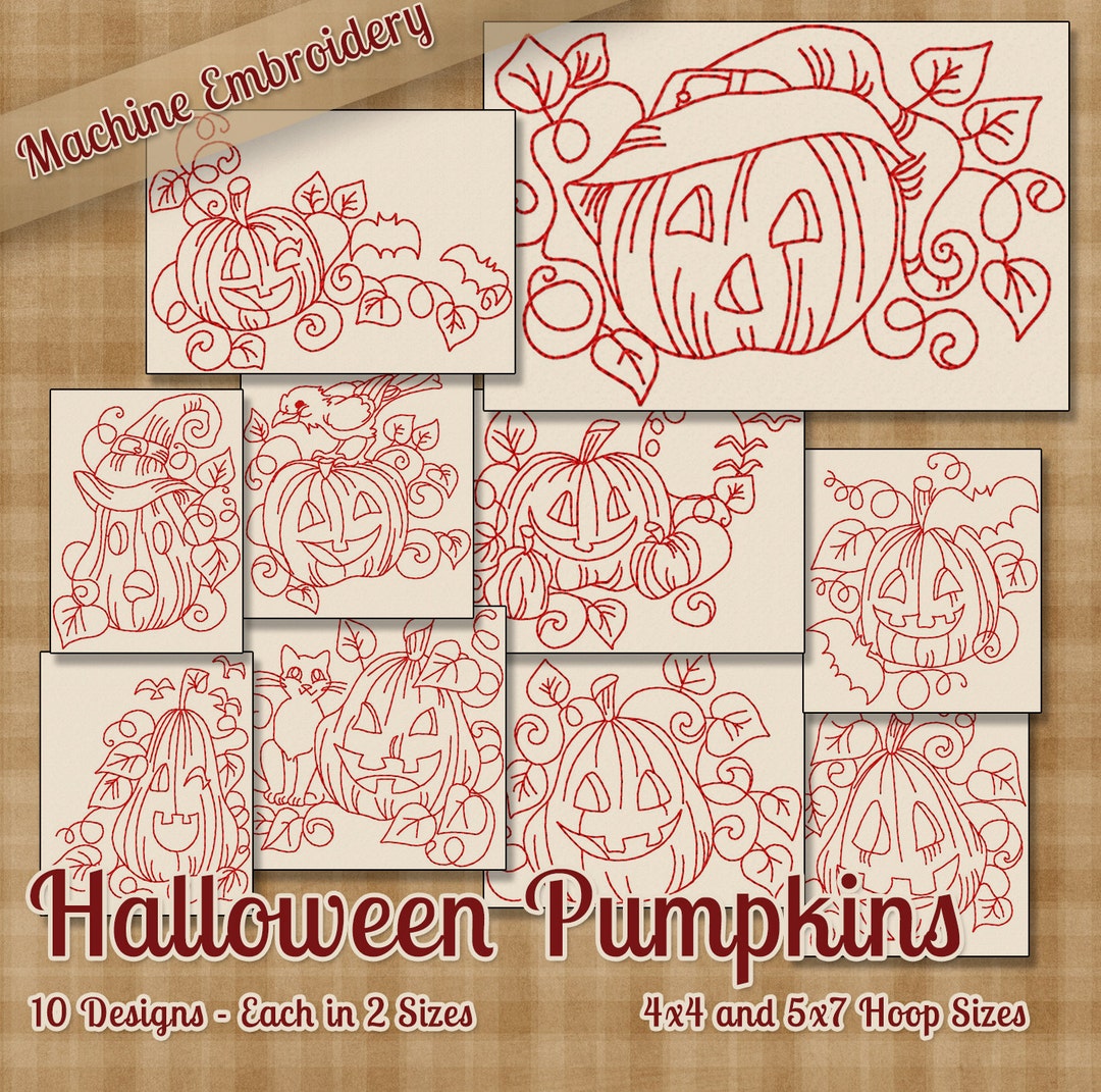 Halloween Pumpkins Redwork Embroidery Machine Designs - 10 Patterns 2 ...
