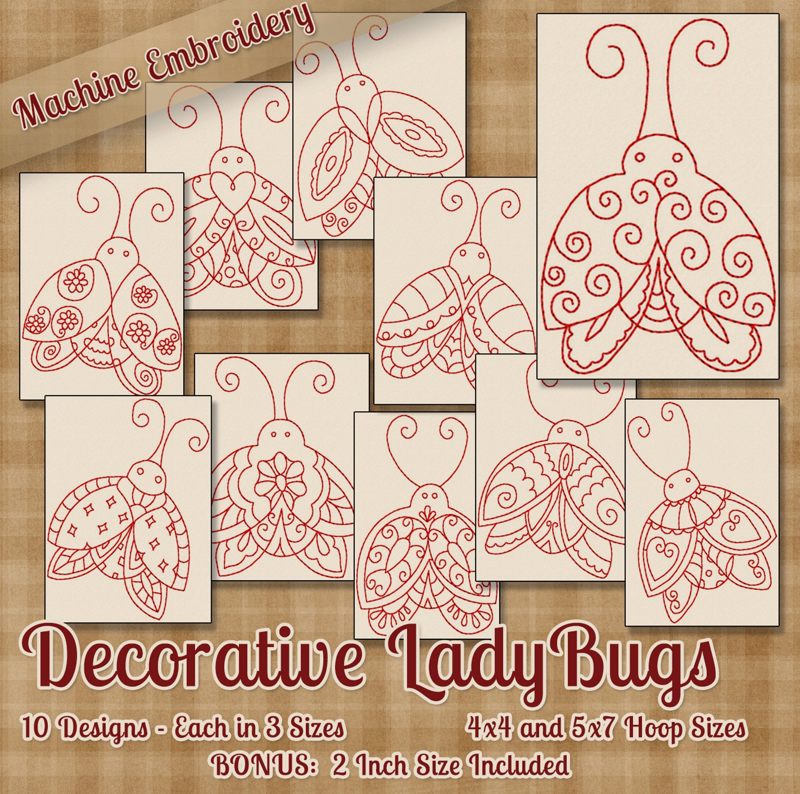Decorative Ladybugs Redwork Machine Embroidery Patterns / Designs 2 Inch, 4x4 and 5x7 Hoop ...