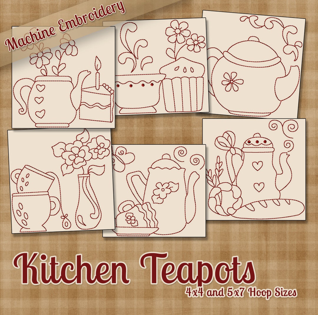Kitchen Teapots Redwork Machine Embroidery Patterns / Designs - 4x4 and ...