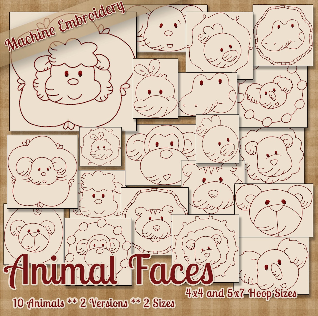 Animal Faces Redwork Machine Embroidery Patterns / Designs 4x4 and 5x7 ...